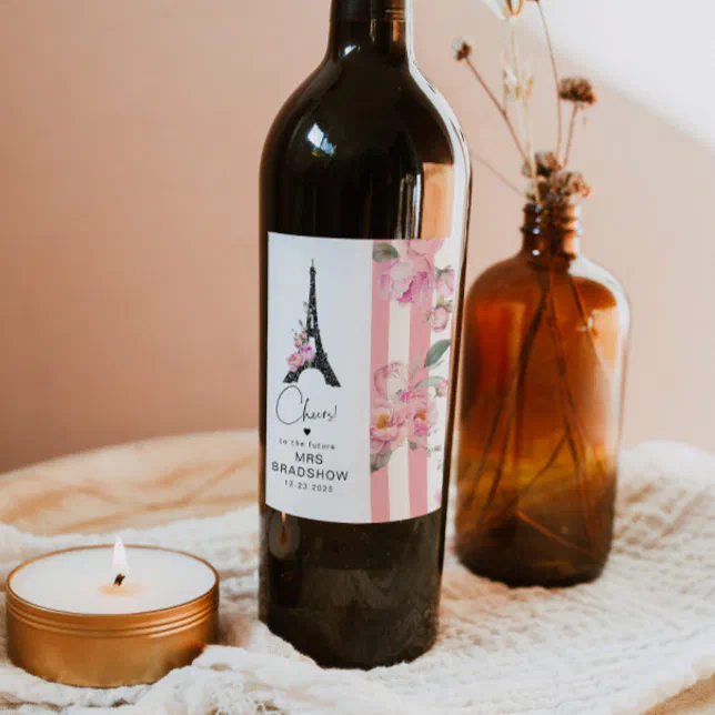 Paris theme eiffel tower pink black bridal shower wine label | Zazzle
