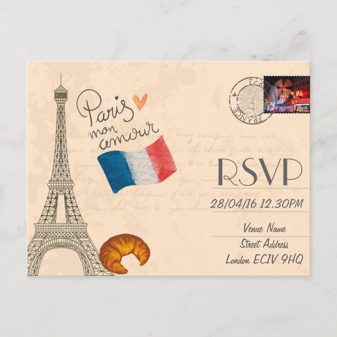 Paris Themed Wedding RSVP Invitation with Photo Postcard | Zazzle