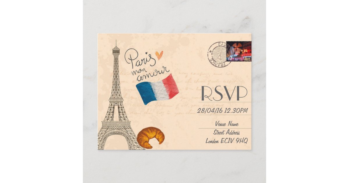 Paris Themed Wedding RSVP Invitation with Photo Postcard | Zazzle