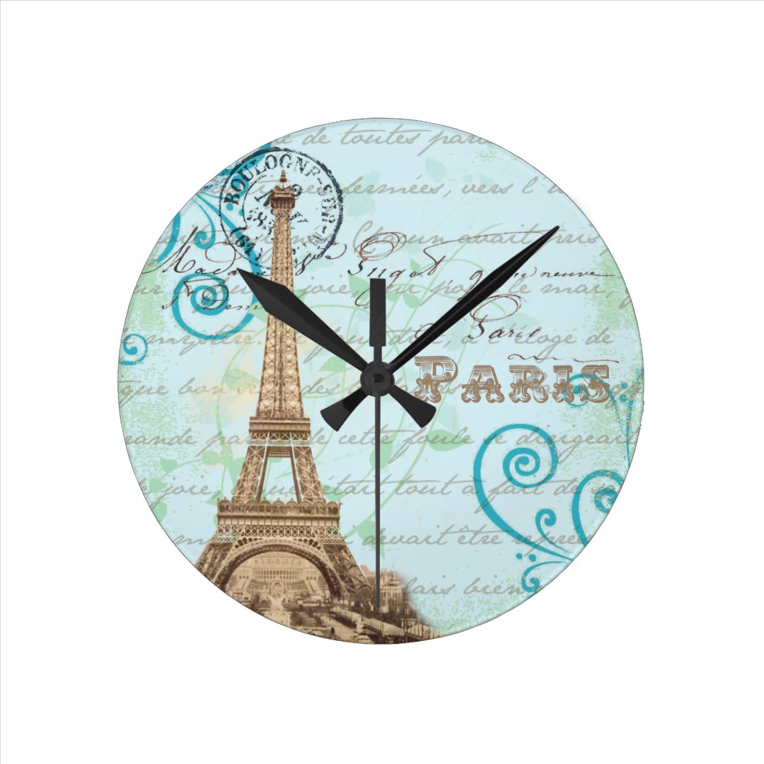 Paris Vintage French Writing Aqua Clock | Zazzle