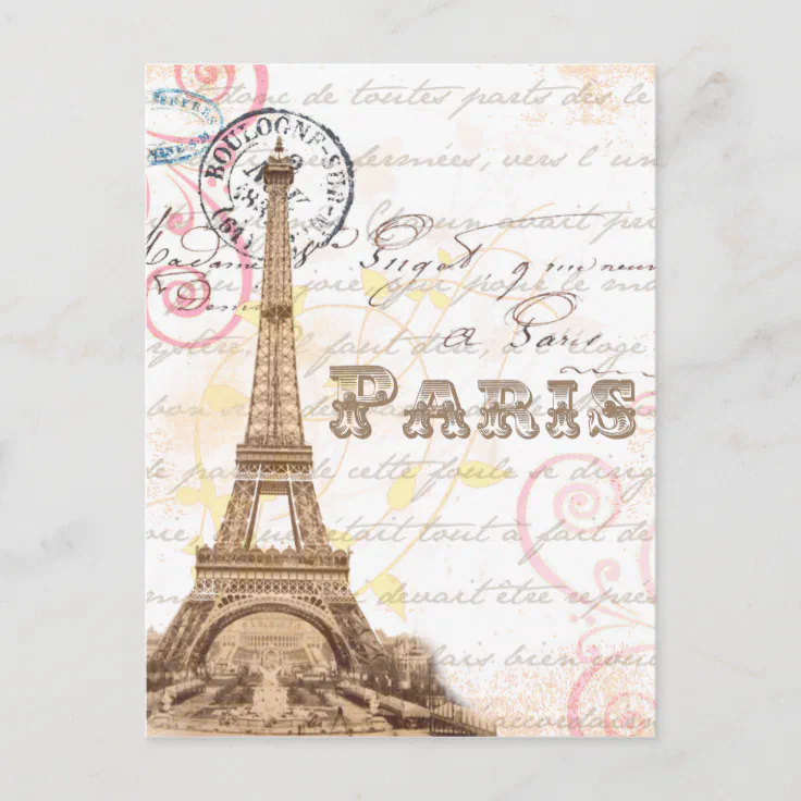 Paris Vintage French Writing Pink Postcard | Zazzle
