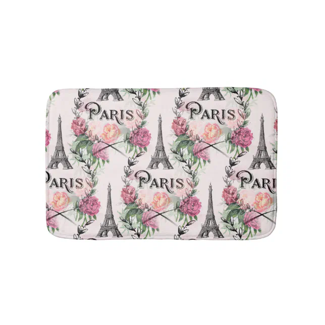 Paris Vintage Pink Roses Bath Rug | Zazzle