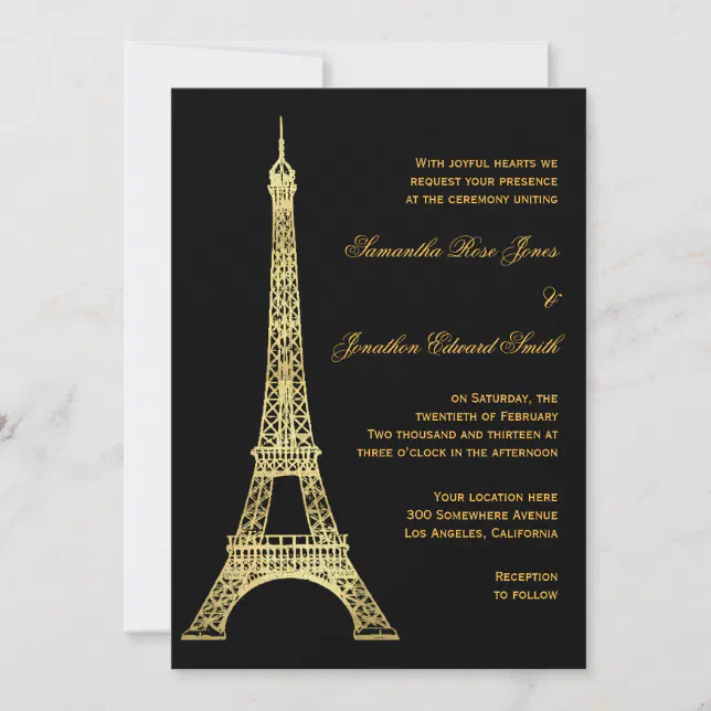 Parisian Eiffel Tower Black and Gold Wedding Invitation | Zazzle
