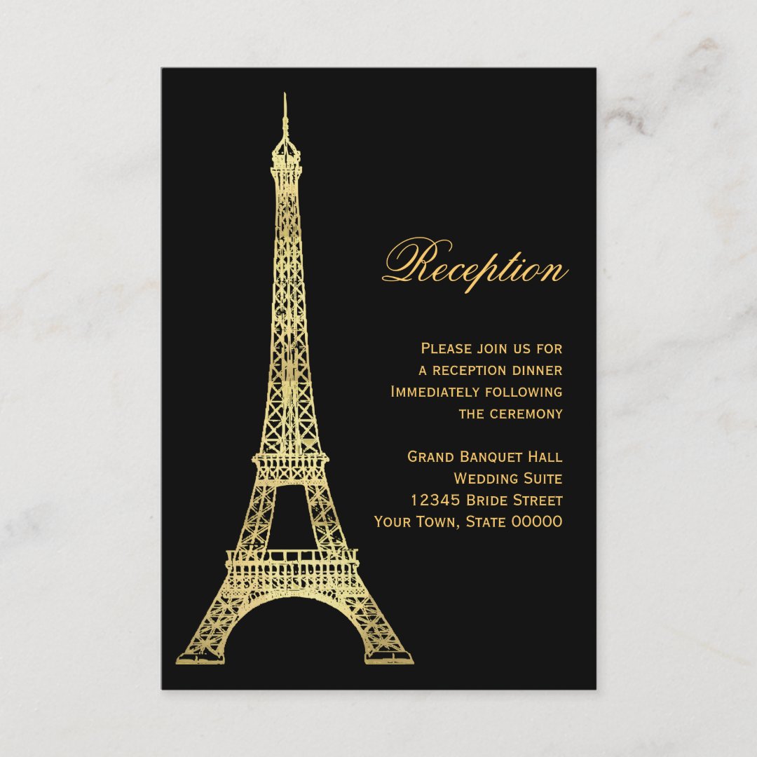Parisian Eiffel Tower Black & Gold Reception Card | Zazzle