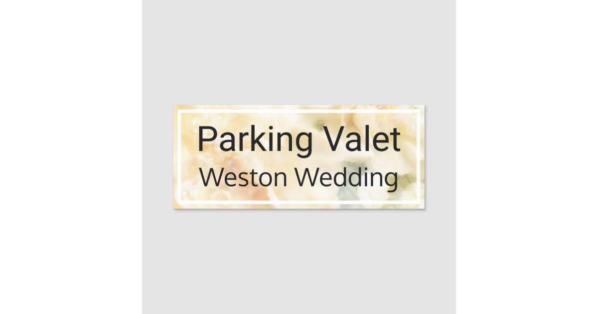 Parking Valet Wedding White Roses Magnetic Back Name Tag | Zazzle
