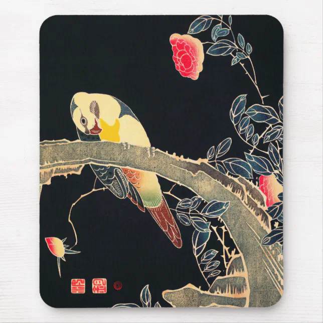 Parrot on the Branch of a Flowering Rose Bush Mouse Pad | Zazzle