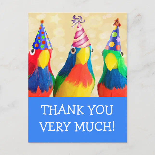 Parrots In Party Hats Birthday Thank You Postcard | Zazzle