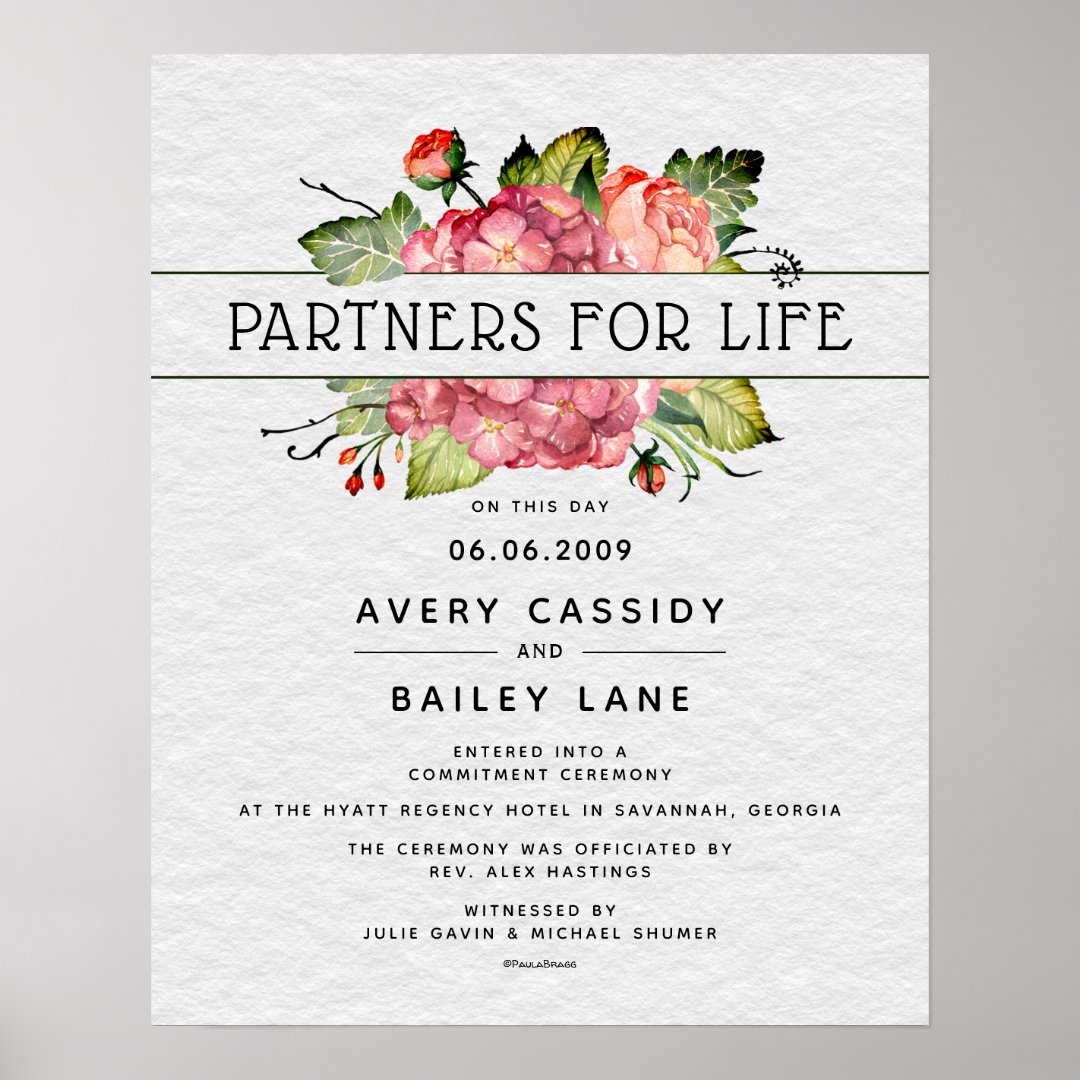 Partners For Life Floral Banner WeddingCertificate Poster | Zazzle