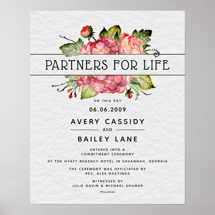 Partners For Life Floral Banner WeddingCertificate Poster | Zazzle.com