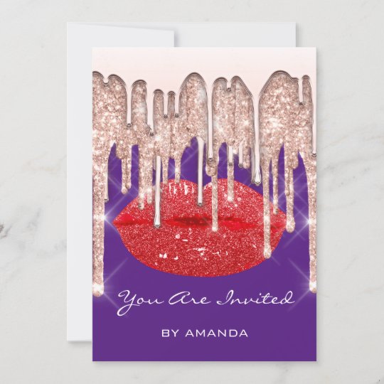 Party 16th Red Kiss Lips Rose Glitter Purple Invitation | Zazzle.com