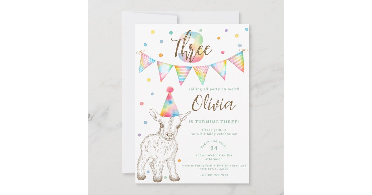 Party Animal Goat 3rd Birthday Invitation Kids | Zazzle