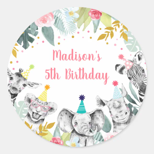 Party Animal Pink Gold Safari Birthday Classic Round Sticker | Zazzle