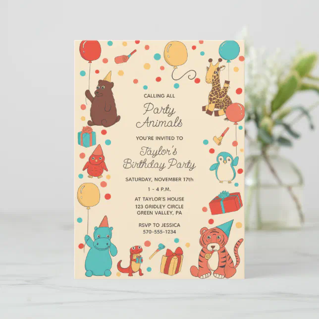 Party Animals and Confetti Custom Kids Birthday Invitation | Zazzle