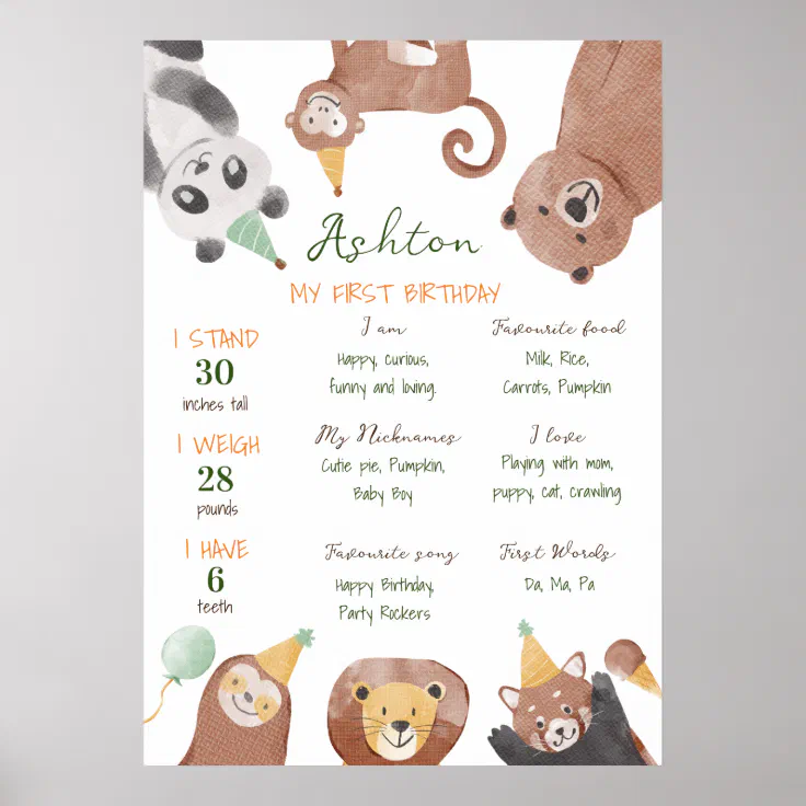 Party animals first birthday milestone board poster | Zazzle