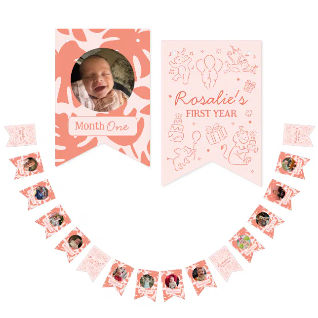 Party Animals Girl's First Birthday Photo Collage Bunting Flags | Zazzle