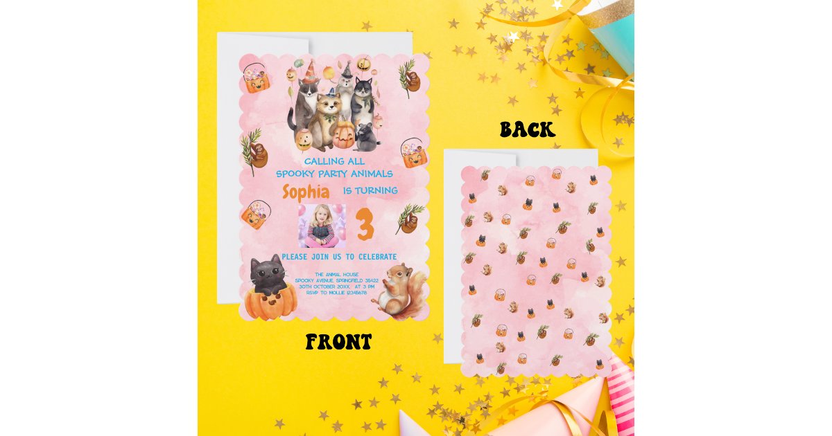 Party Animals Halloween Theme in Pink Birthday Invitation | Zazzle