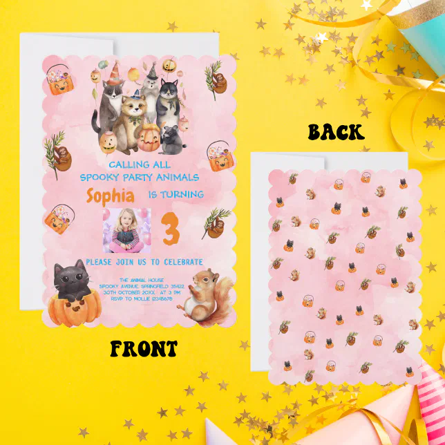 Party Animals Halloween Theme in Pink Birthday Invitation | Zazzle