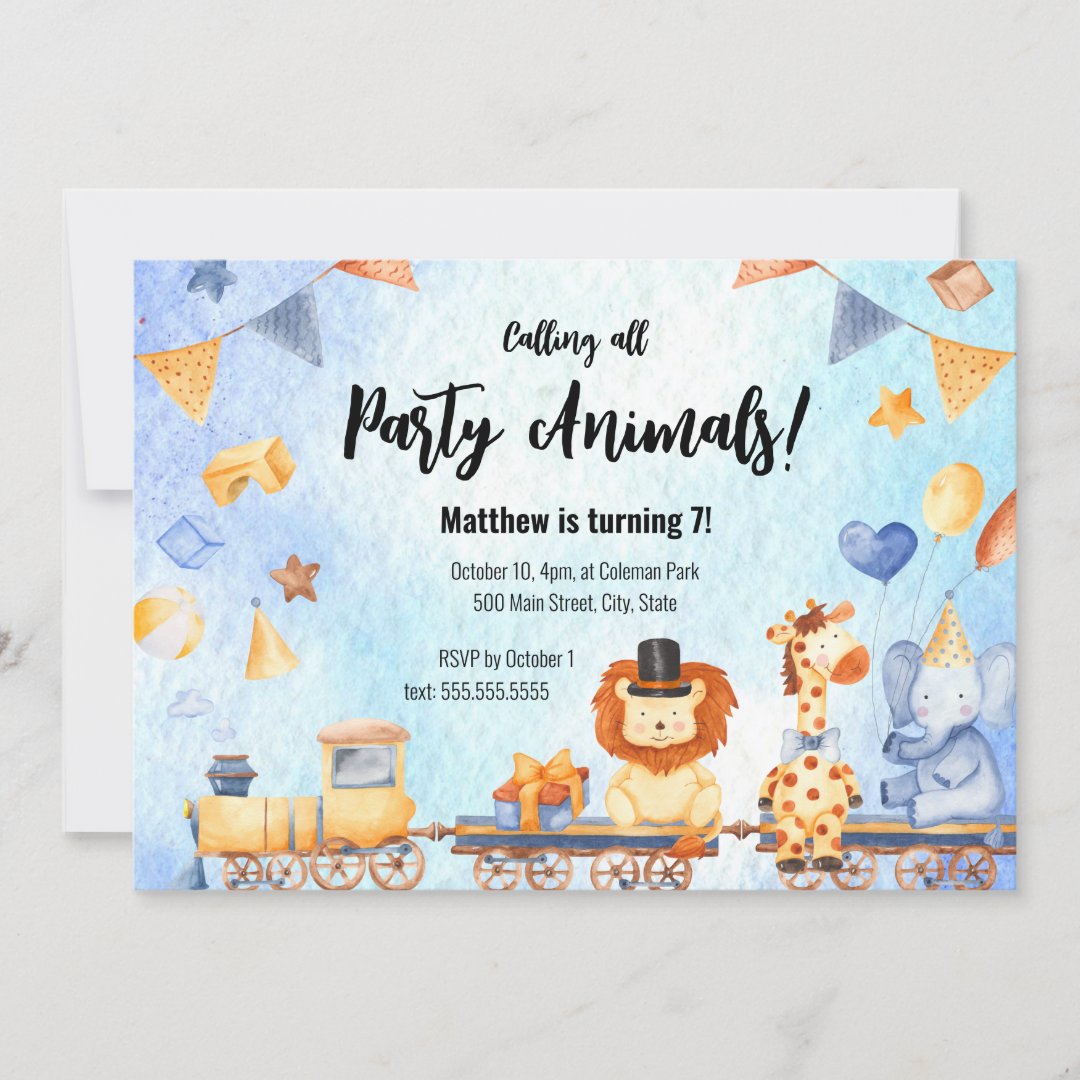 Party Animals on Train Kid Jungle Birthday Party Invitation | Zazzle