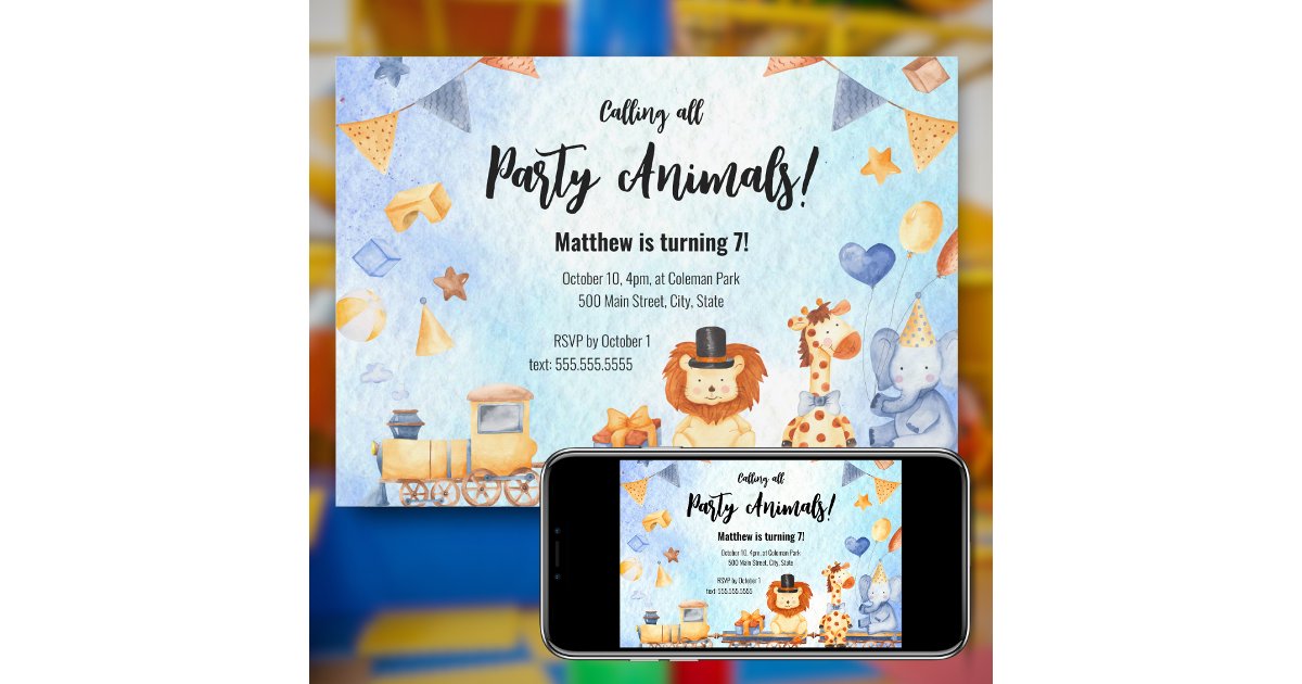 Party Animals on Train Kid Jungle Birthday Party Invitation | Zazzle