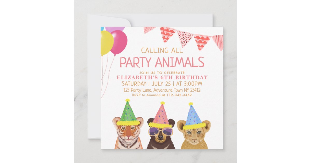 Party Animals Pink Birthday Invitation | Zazzle