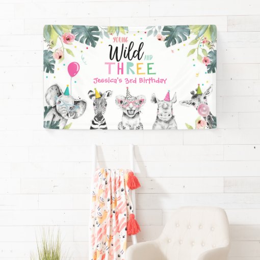 Party Animals Safari Girl Third Birthday Backdrop Banner | Zazzle