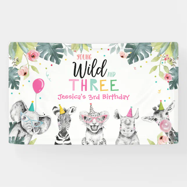 Party Animals Safari Girl Third Birthday Backdrop Banner | Zazzle