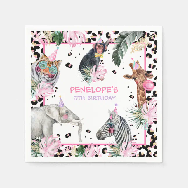 Party Animals Wild Safari Pink Girl Birthday Party Napkins | Zazzle