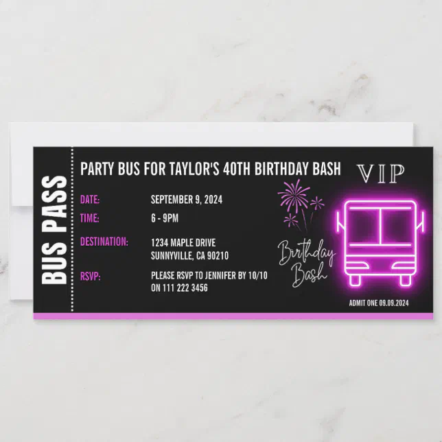Party Bus Pass Ticket VIP Birthday Invitation | Zazzle
