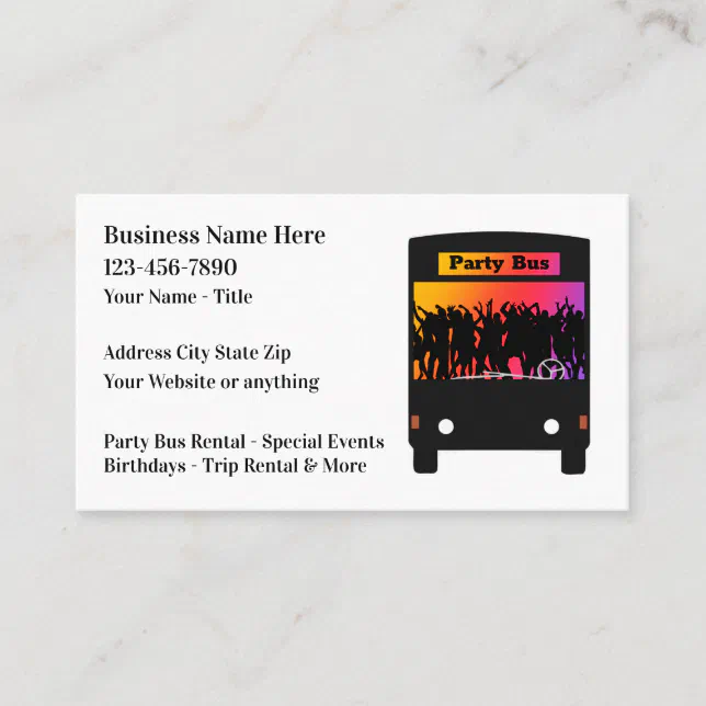 Party Bus Rental And Tour Bus Business Card | Zazzle