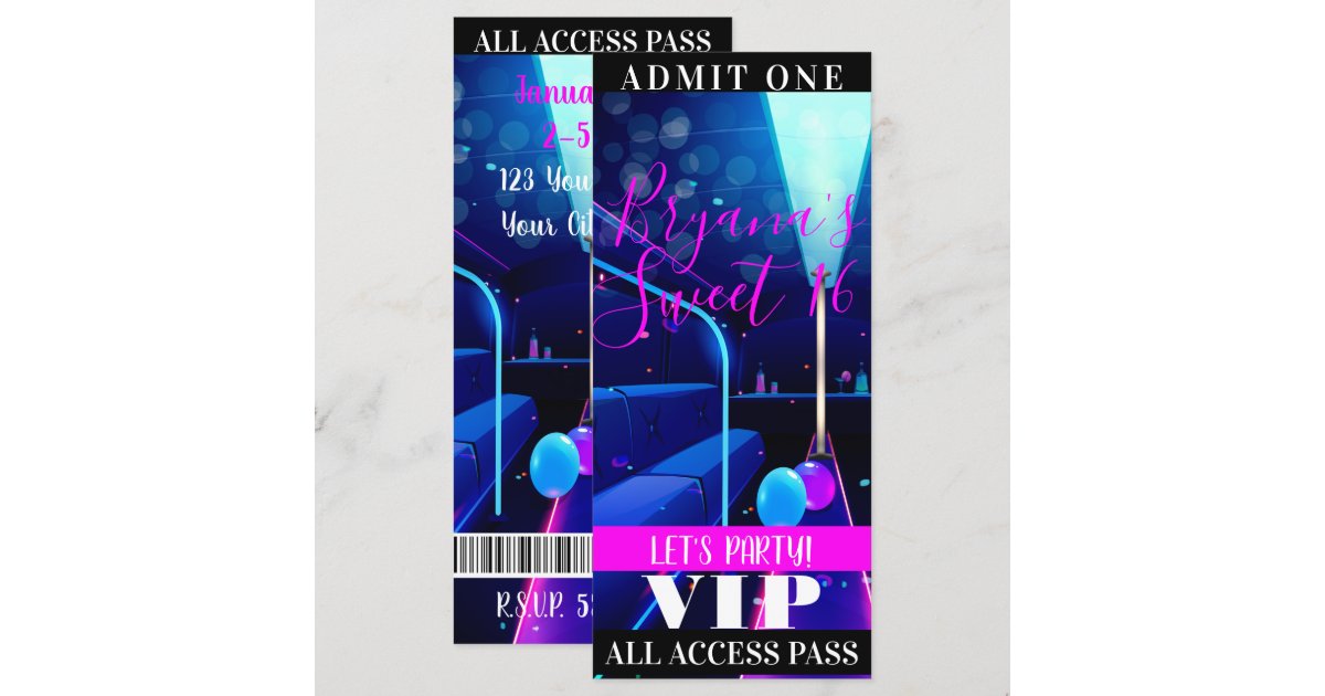 Party Bus Sweet 16 All Access Pass VIP Ticket | Zazzle