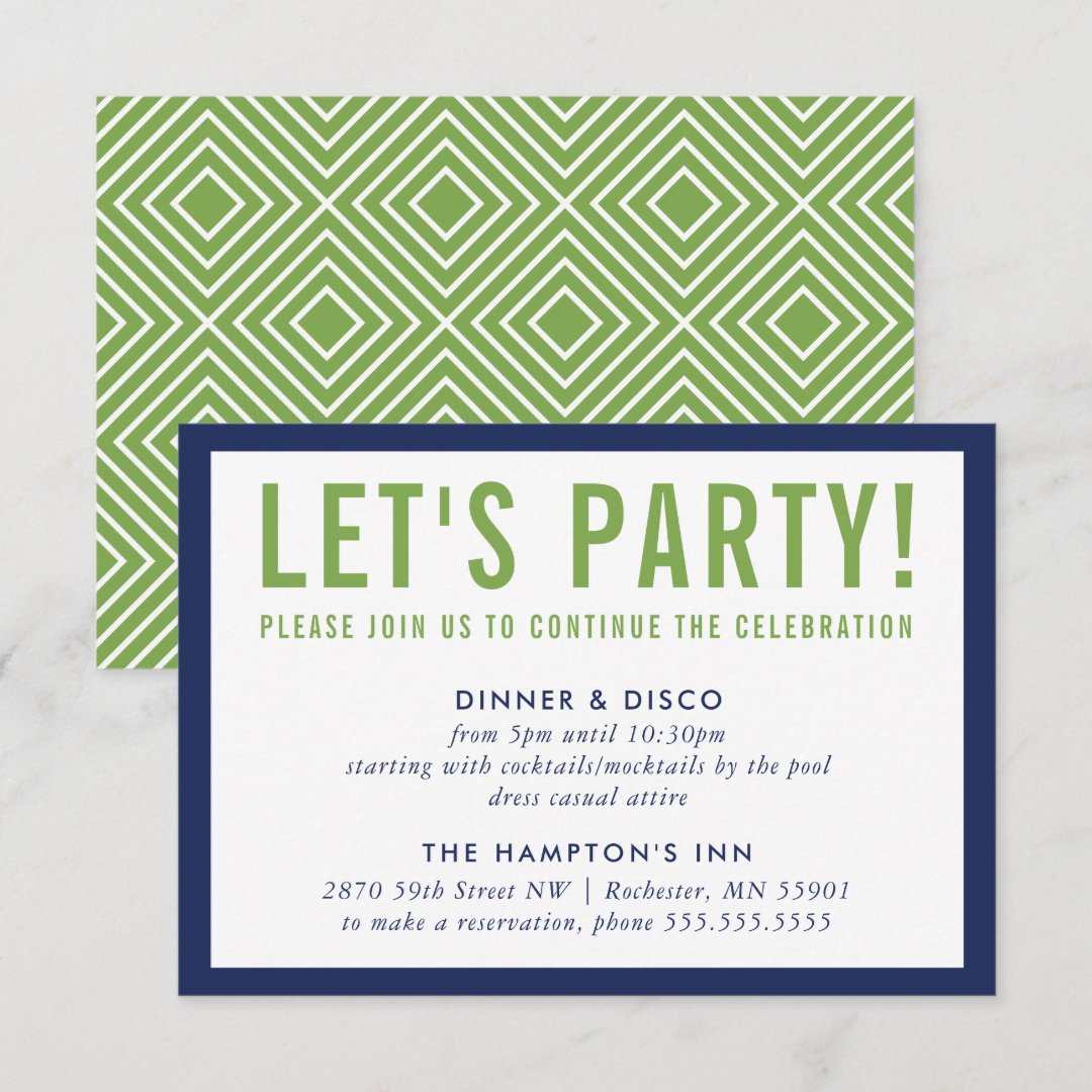 PARTY CELEBRATION INFO modern bold navy blue green Invitation | Zazzle