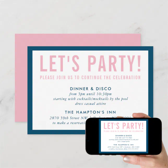 PARTY CELEBRATION INFO modern bold navy blue pink Invitation | Zazzle