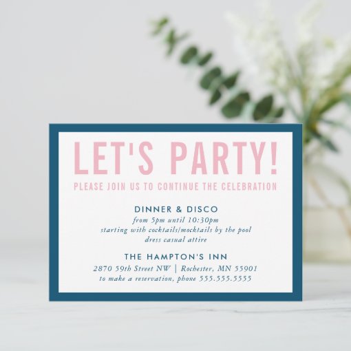 PARTY CELEBRATION INFO modern bold navy blue pink Invitation | Zazzle