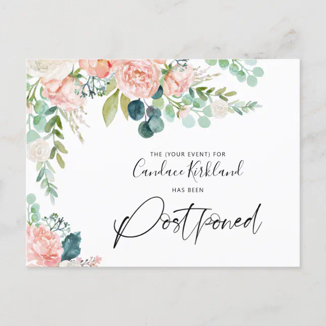 Party Event Postponed Date Blush Pink Floral Announcement Postcard | Zazzle