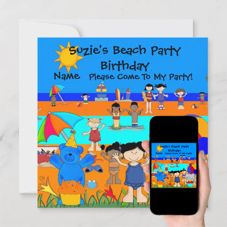 Party Invitation Birthday Beach Girls Children | Zazzle