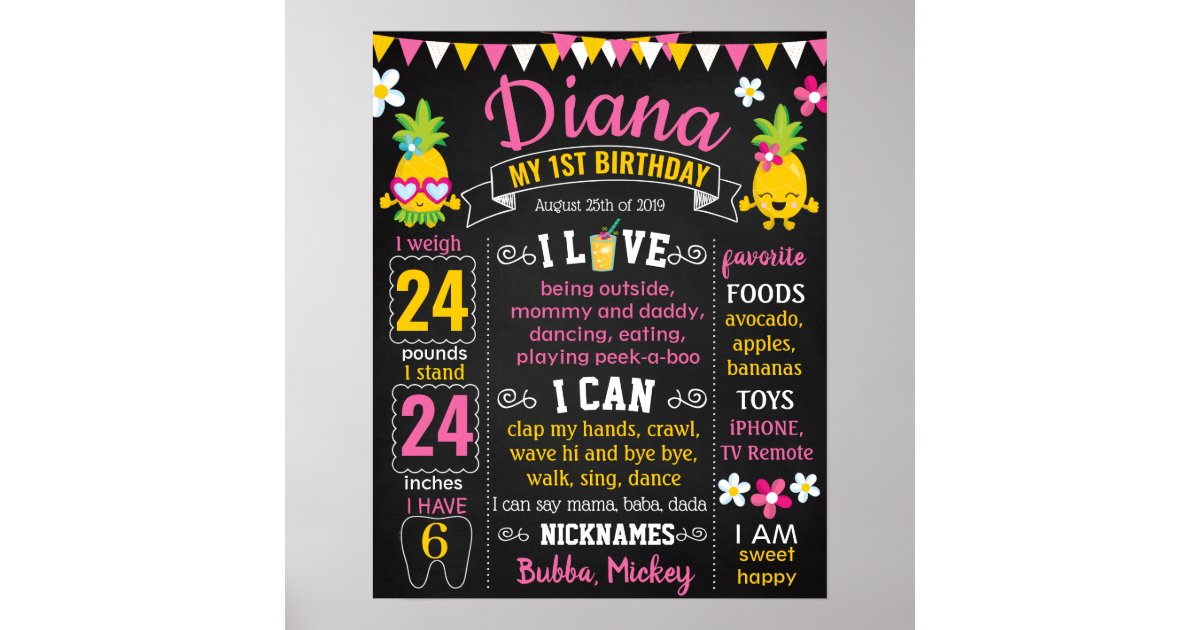 Party Like a Pineapple First Birthday chalk board Poster | Zazzle