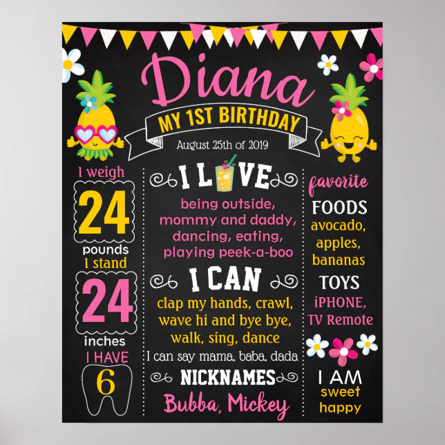 Party Like a Pineapple First Birthday chalk board Poster | Zazzle