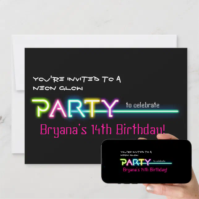 PARTY Neon Glow Lights Rave Club Party Invite | Zazzle