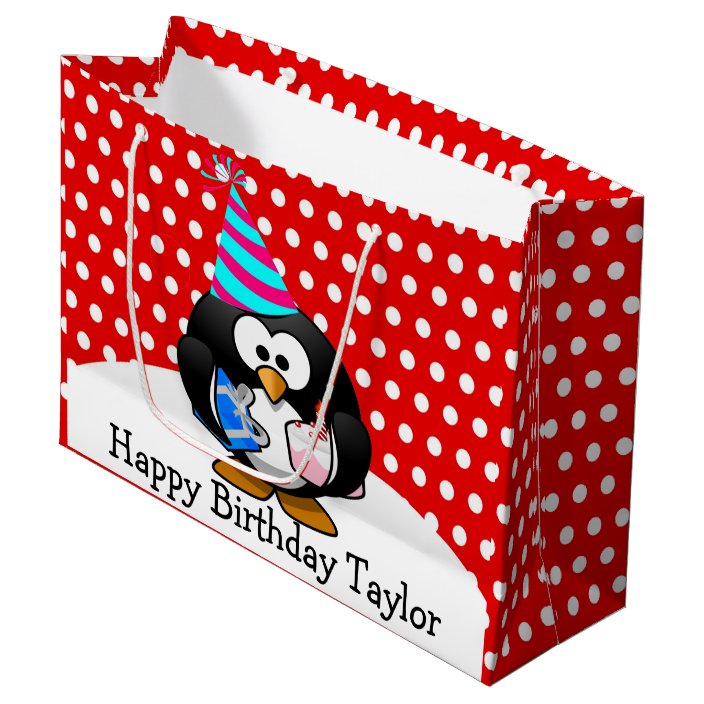 Party Penguin Happy Birthday Red Polka Dot Large Gift Bag | Zazzle.com