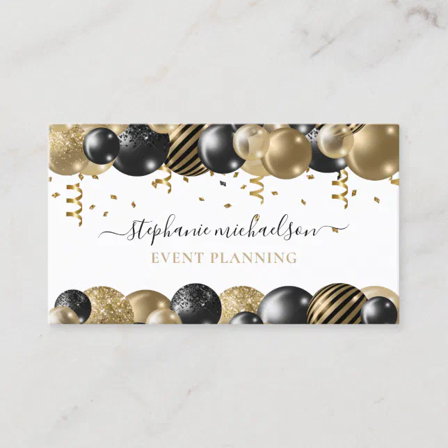 Party Planner Black Gold Balloon QR Code Business Card | Zazzle