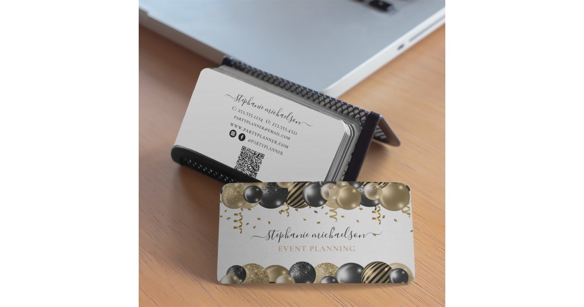 Party Planner Black Gold Balloon QR Code Business Card | Zazzle