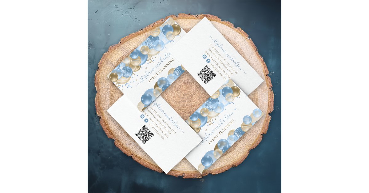 Party Planner Blue Gold Balloon QR Code Business Card | Zazzle