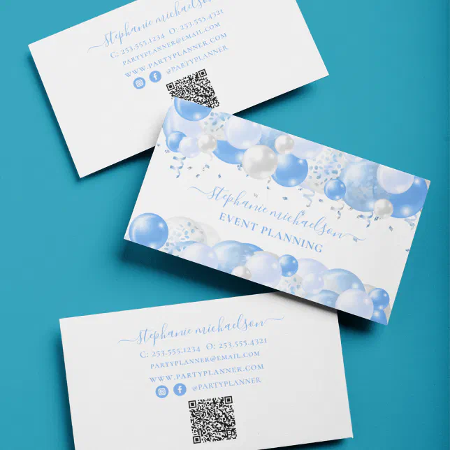 Party Planner Blue White Balloon QR Code Business Card | Zazzle