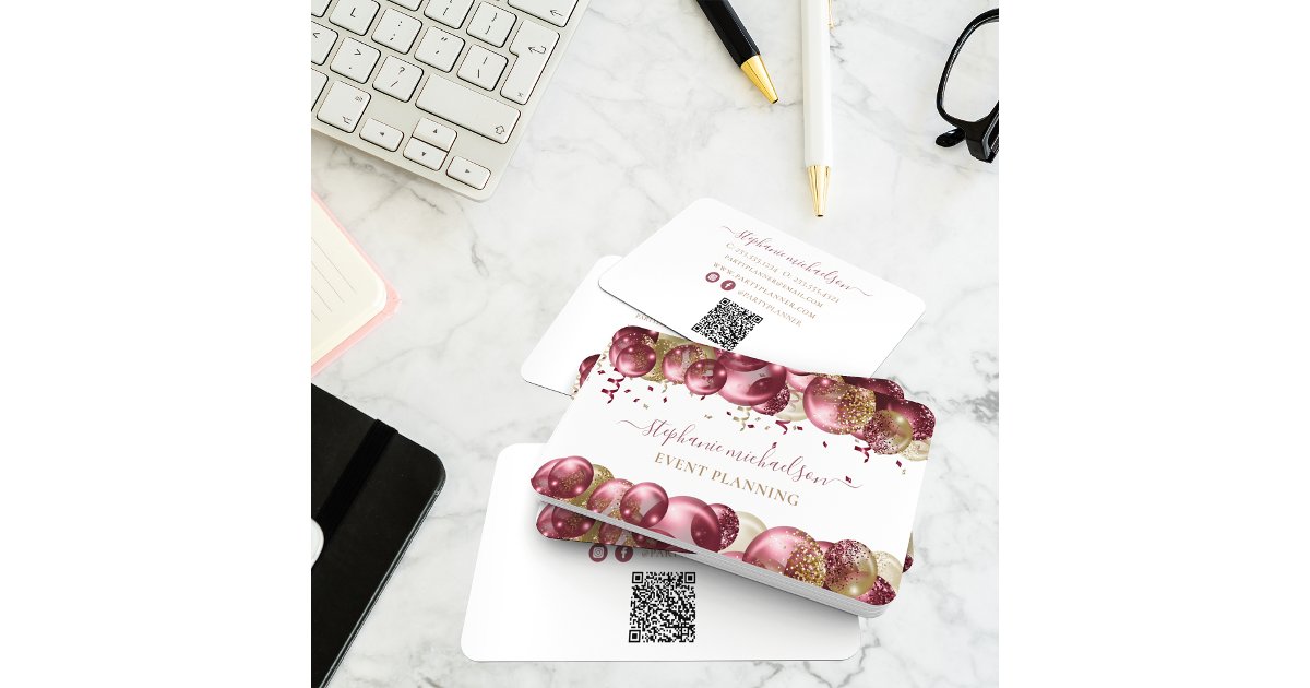 Party Planner Burgundy Gold Balloon QR Code Business Card | Zazzle