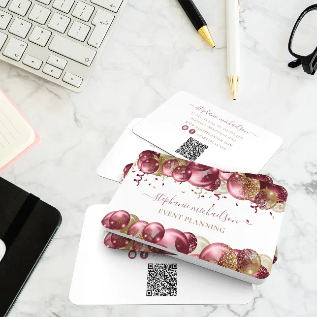 Party Planner Burgundy Gold Balloon QR Code Business Card | Zazzle