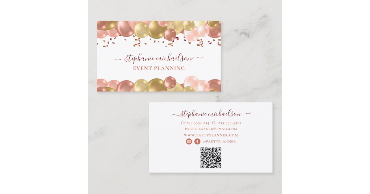 Party Planner Rose Gold Balloon QR Code Business Card | Zazzle