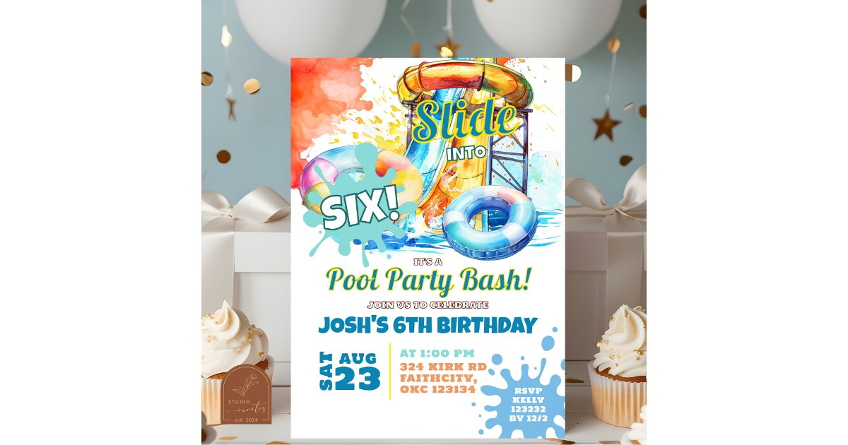 Party Pool Bash Waterslide Birthday Invitation | Zazzle