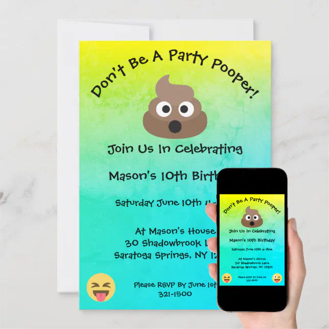 Party Pooper Emoji Birthday Party Invitation | Zazzle
