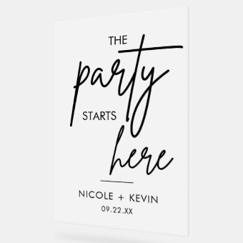 Party Starts Here Wedding Welcome Frosted Acrylic Sign | Zazzle