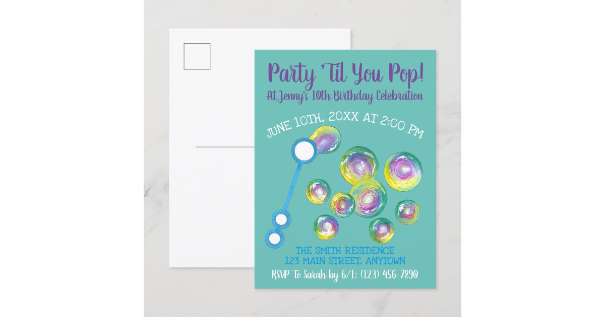 Party Til You Pop Bubble Wand Birthday Bubbles Invitation Postcard | Zazzle